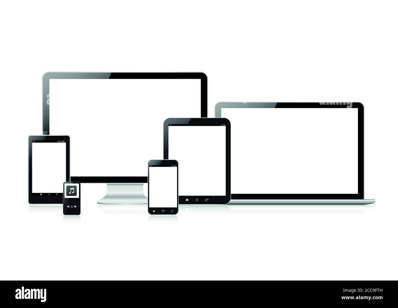 Illustration of a computer, a laptop, tablets and mobile phones ...