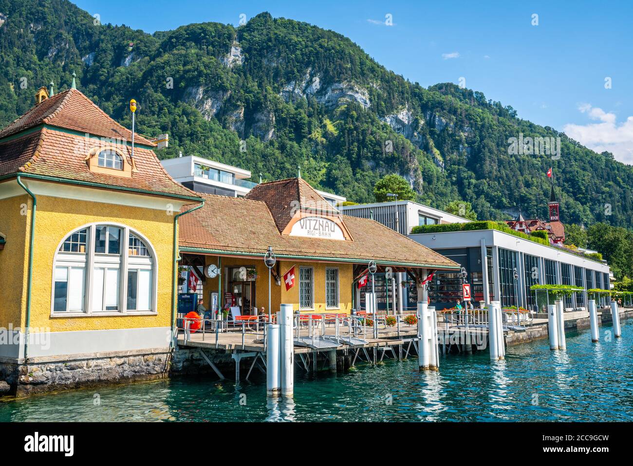 Vitznau Switzerland , 28 June 2020 : Vitznau Rigi Bahn jetty stop for ...