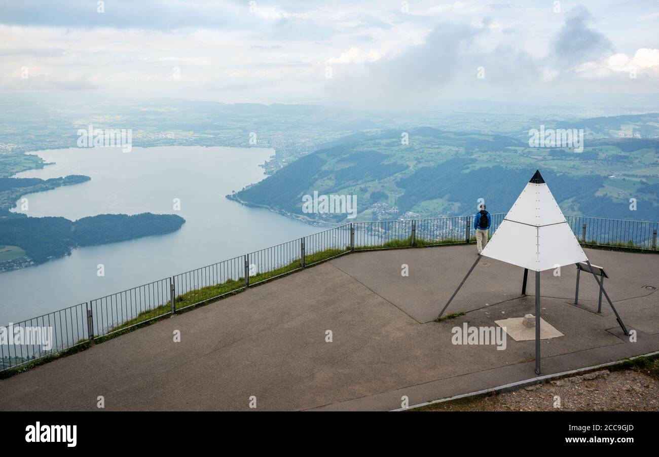 Rigi mount summit view with sign indicating the highest point of the ...