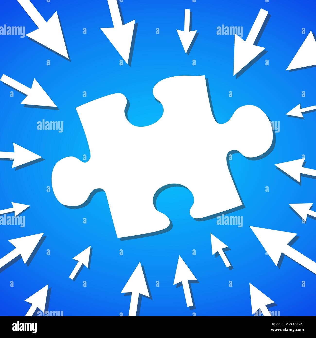 Artistic illustration of a lot of arrows pointing to a jigsaw puzzle in ...
