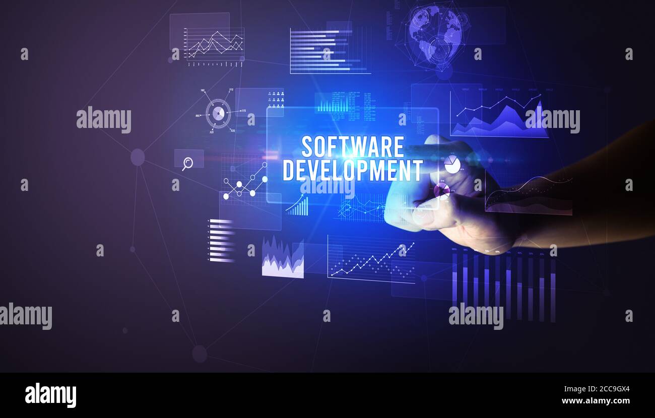 Hand touching SOFTWARE DEVELOPMENT inscription, new business technology ...