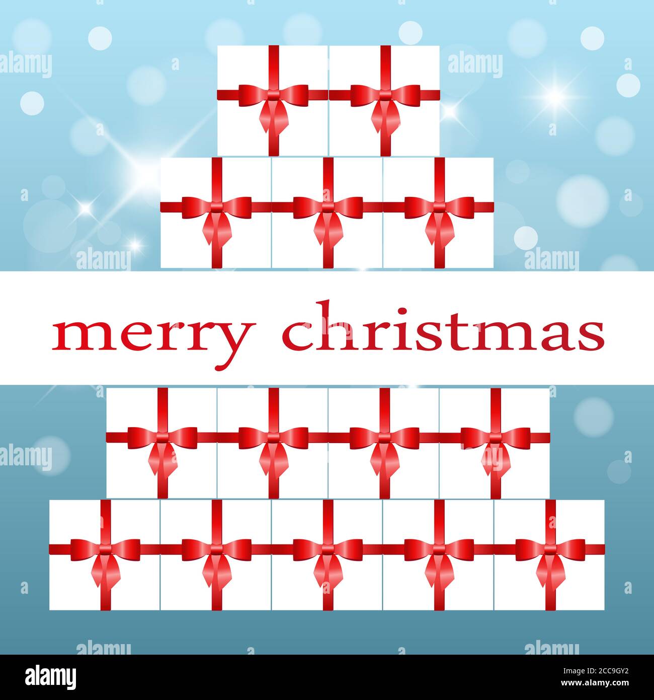 Illustration of stacked gifts with red ribbon with the words "merry ...