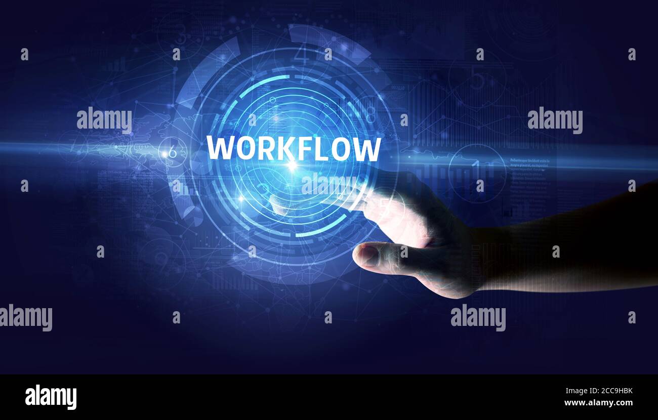 Hand touching WORKFLOW button, modern business technology concept Stock ...