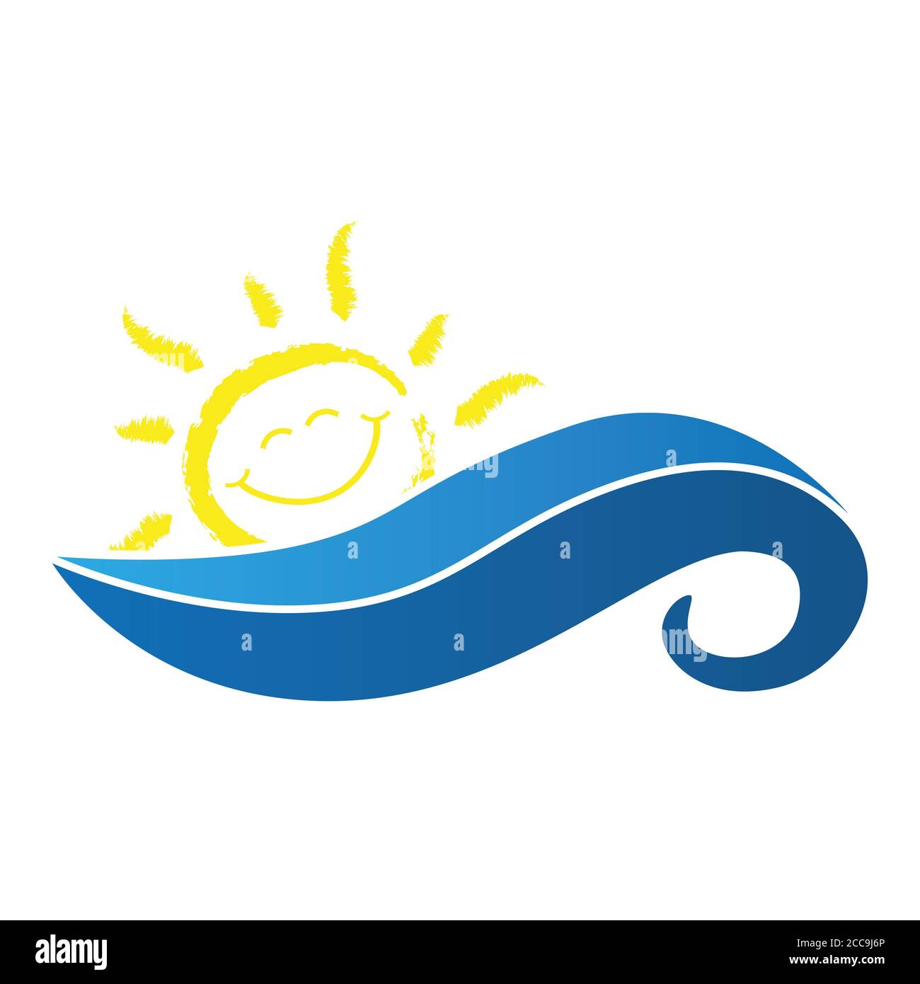 Illustration of a smiling sun behind a blue wave on a white background ...