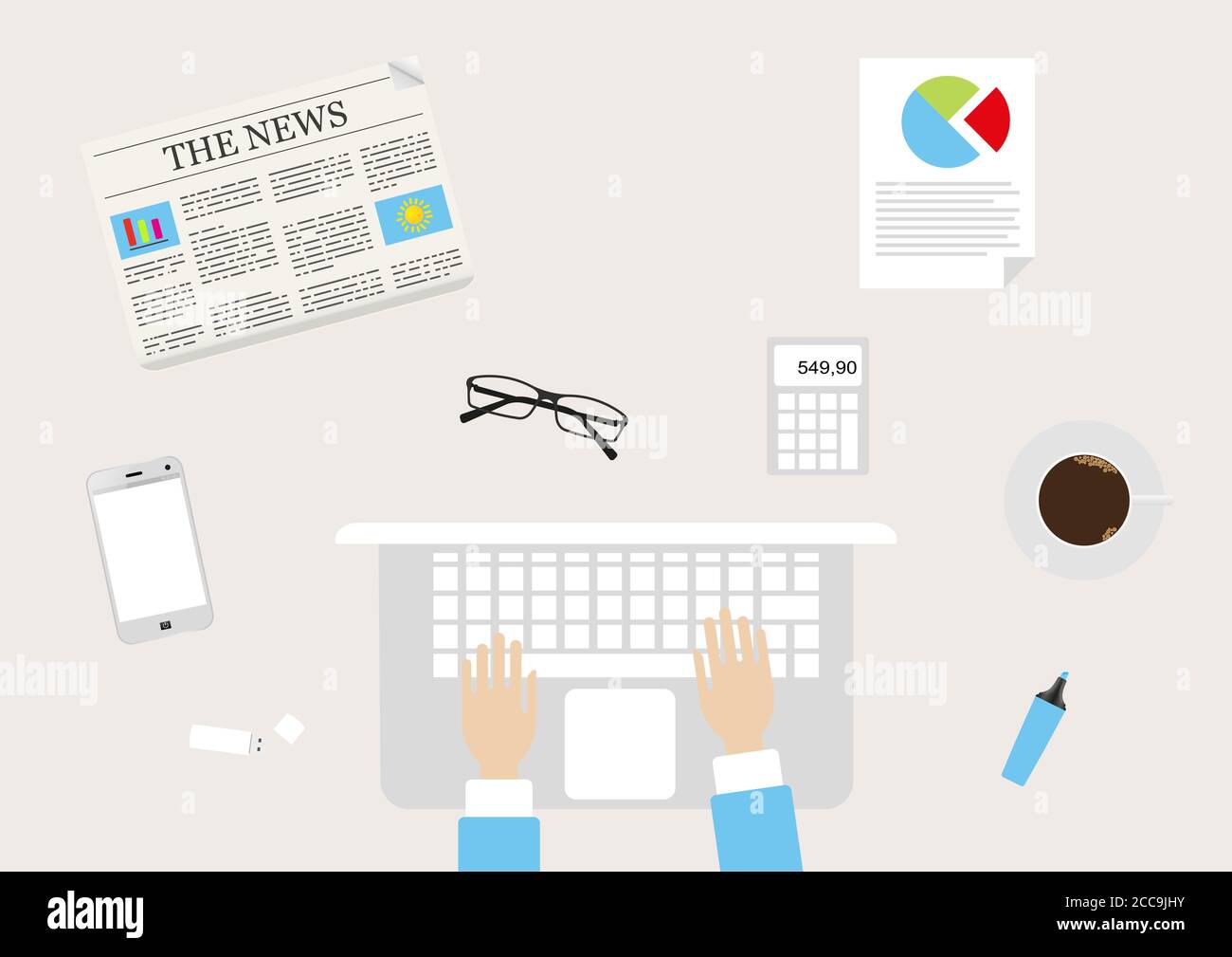 Illustration of a male working with laptop and different objects around ...