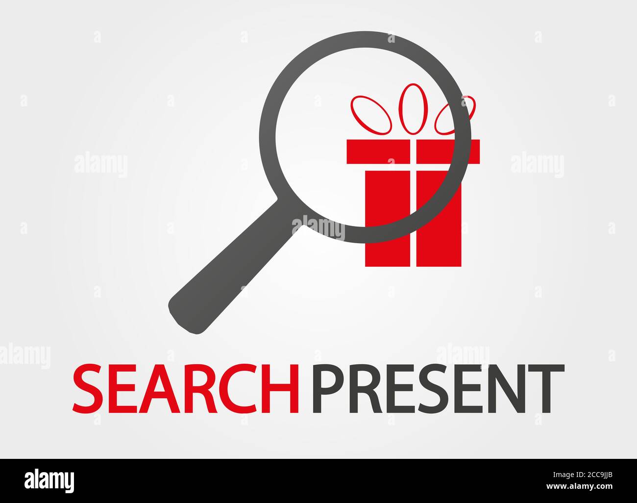 Illustration of magnifier icon on red present box and SEARCH PRESENT ...
