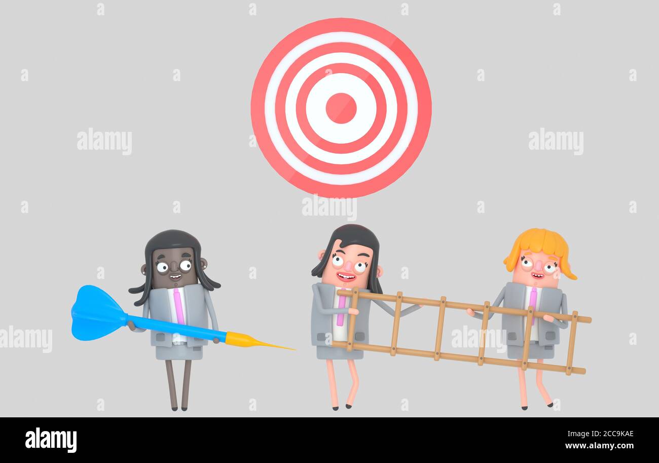 Business woman holding a big blue dart . Ladder. Dartboard. Isolated ...