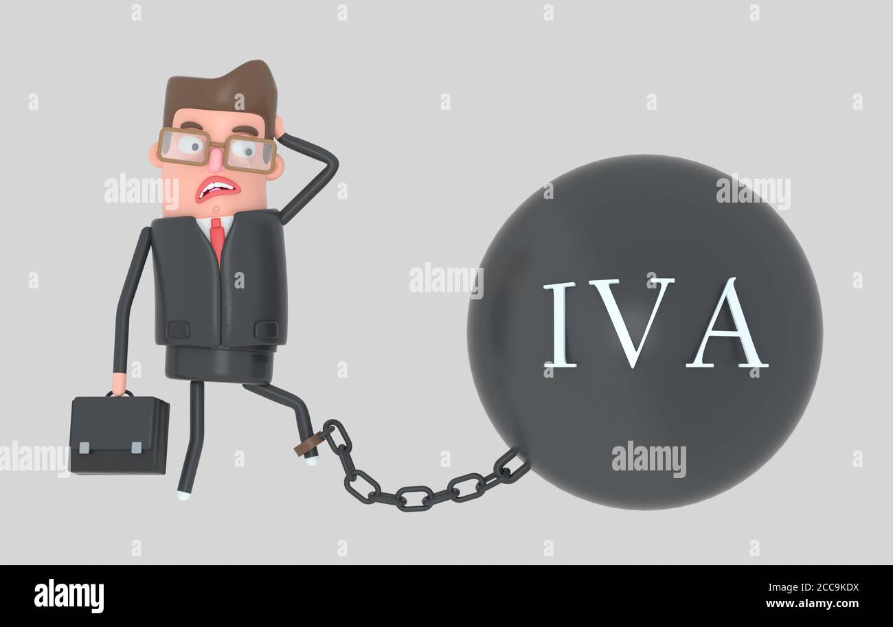 Surprised businessman tied to a big metal ball with the word IVA ...