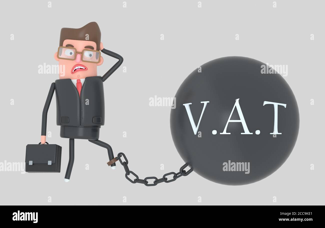 Surprised businessman tied to a big metal ball with the word VAT ...