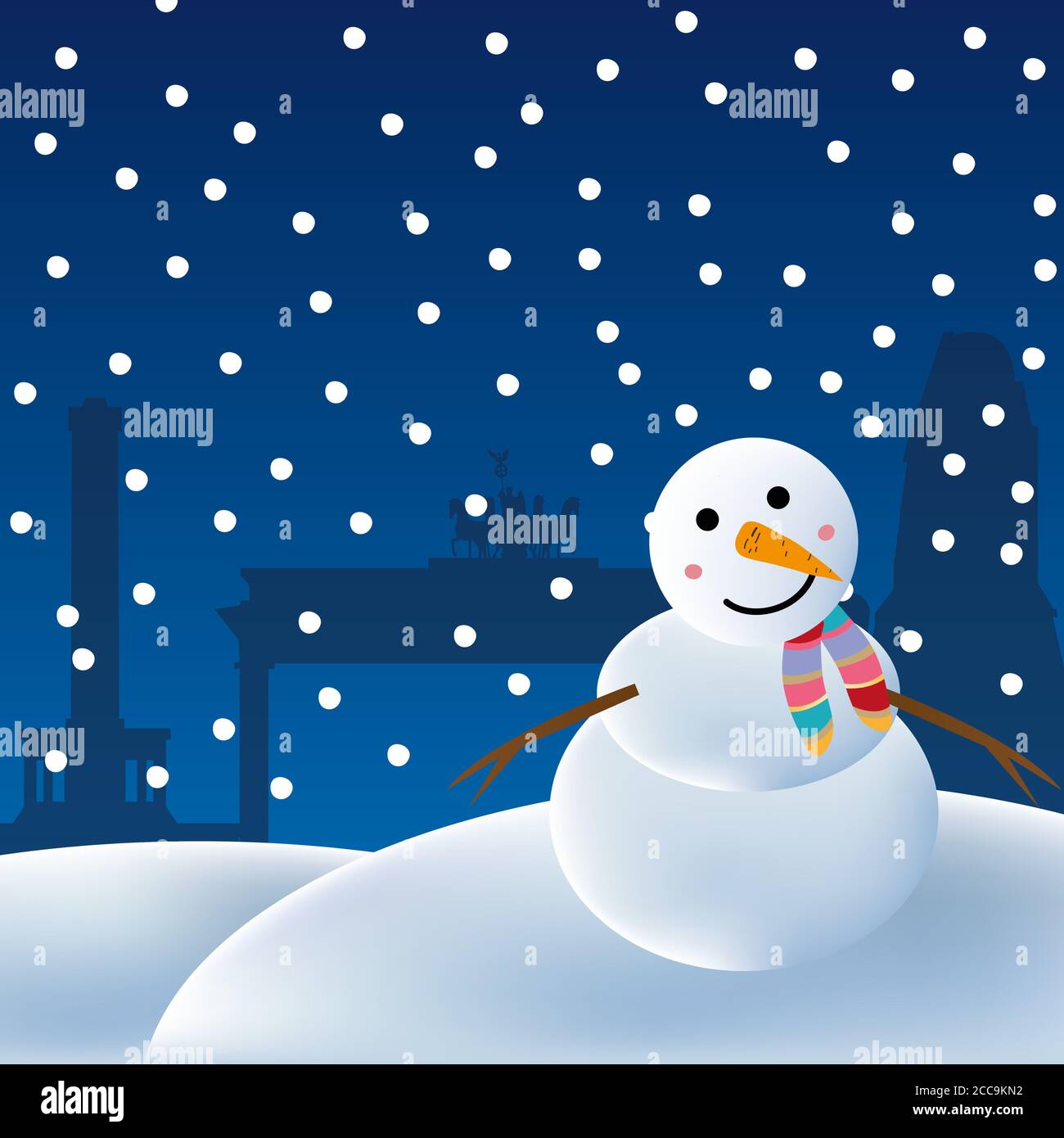 Illustration of a cute snowman with a scarf during the snowfall at ...