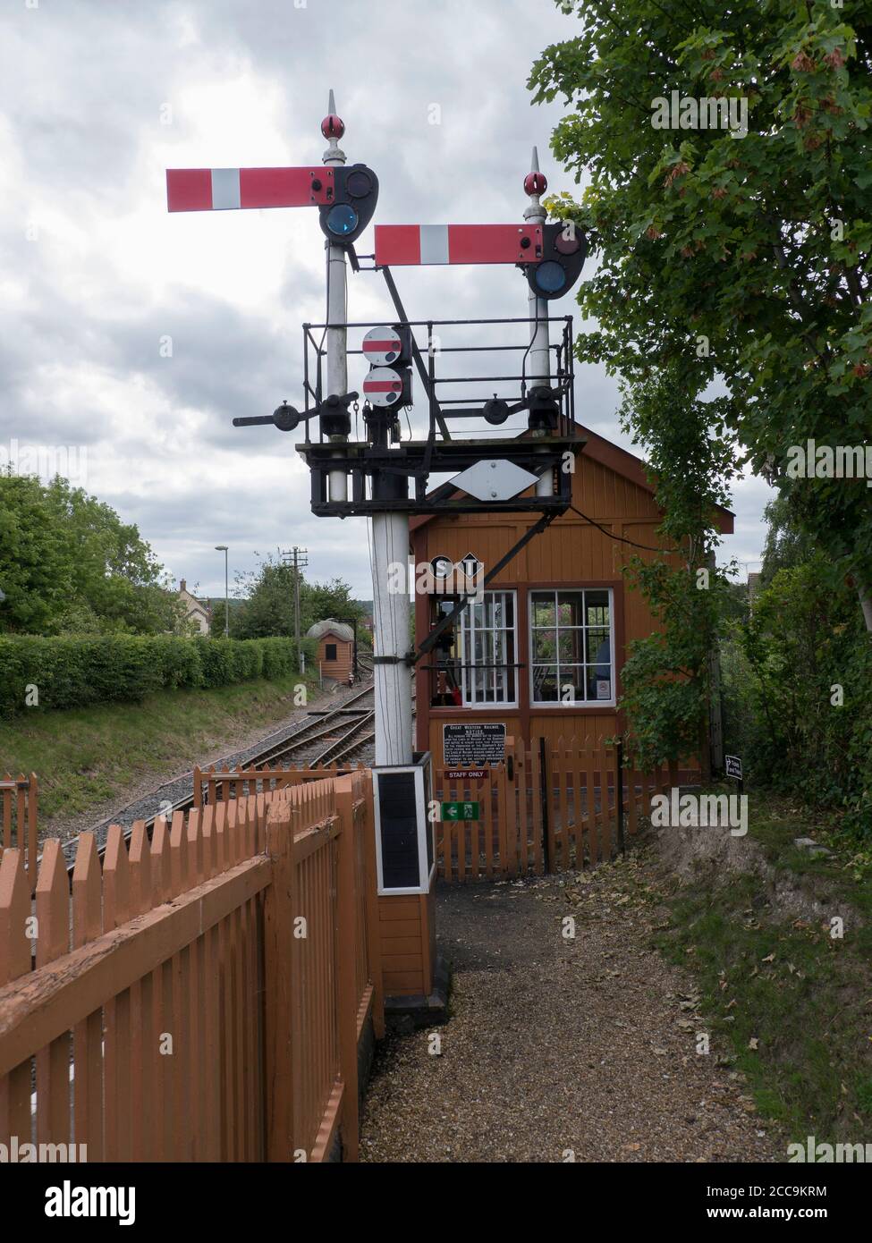 Double home signal with signal box at Chinnor Station on the Chinnor ...