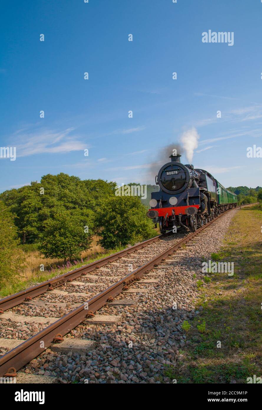 Class 4MT Standard Tank 80078 heads a train on the Spa Valley Railway ...