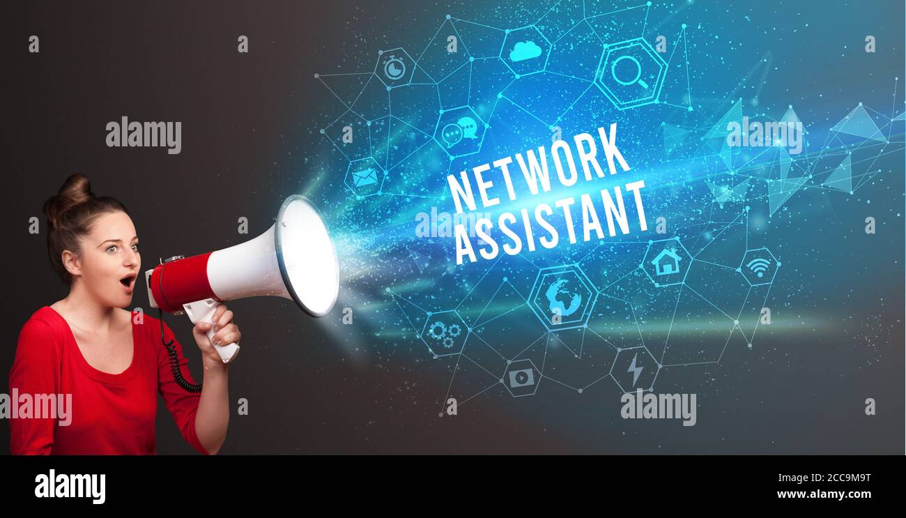 Young woman shouting in megaphone with NETWORK ASSISTANT inscription ...