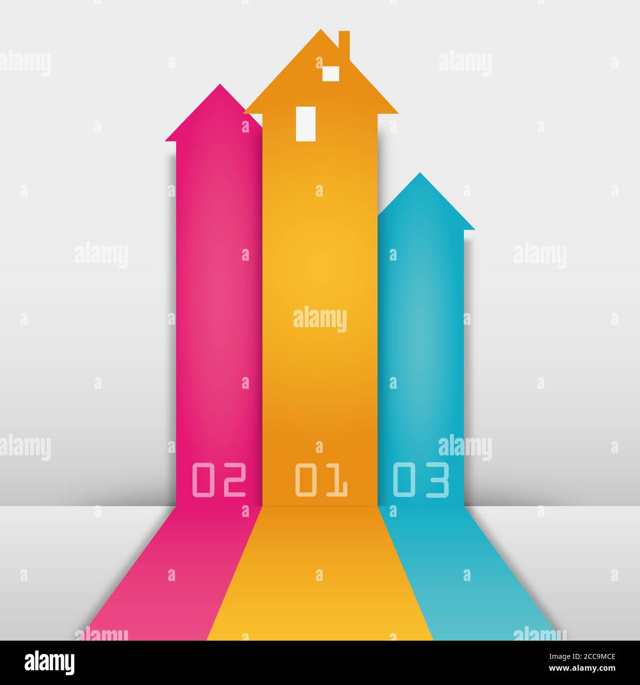 Illustration of three colorful house arrows on white background Stock ...