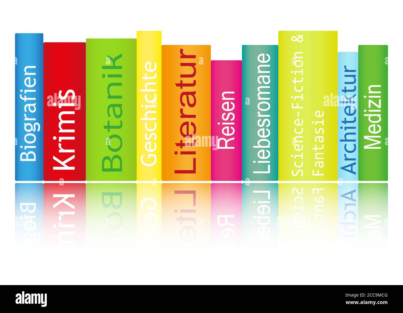 Digital illustration of colorful books with different genres written in ...