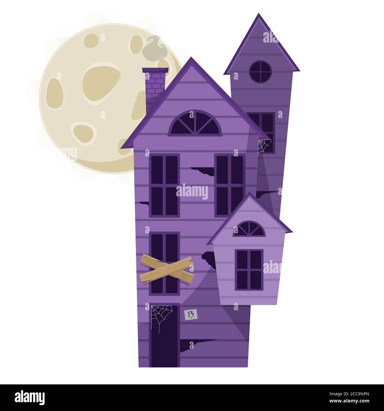 Cartoon haunted purple wooden witch house with big moon. vector ...