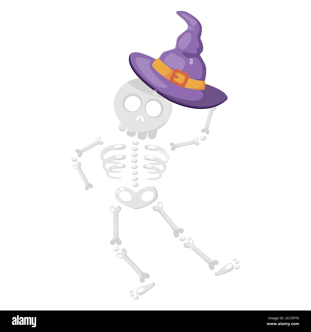 Cartoon cute dancing skeleton character handing a purple witch hat ...