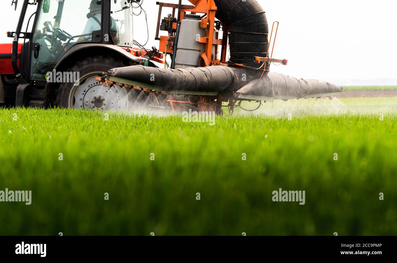 Tractor spraying pesticides over a green field Stock Photo - Alamy