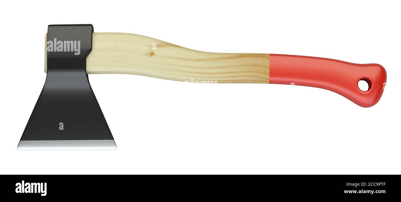 Axe with wooden hilt isolated on white background - top view. 3d ...