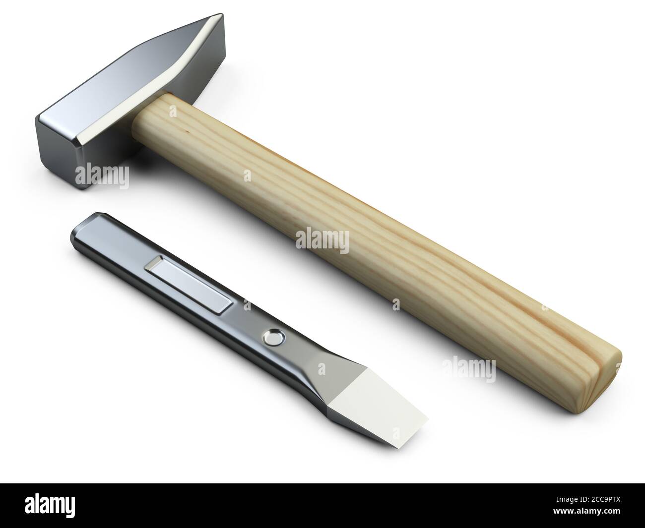Steel chisel and large hammer with a wooden handle. 3d illustration ...