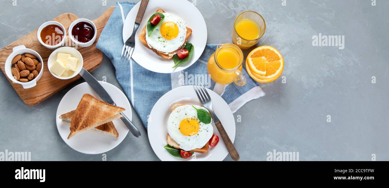 Traditional breakfast on grey background . Top view, flat lay, copy ...