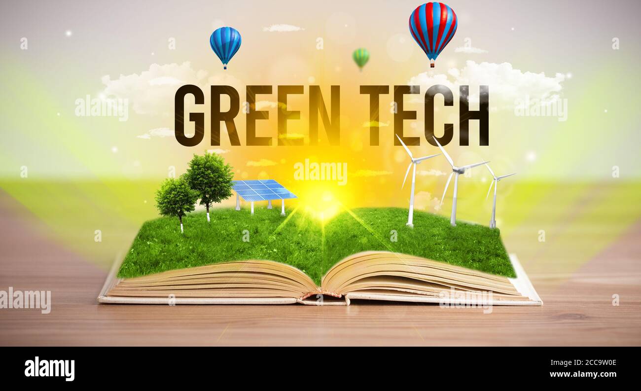 Open book with GREEN TECH inscription, renewable energy concept Stock ...
