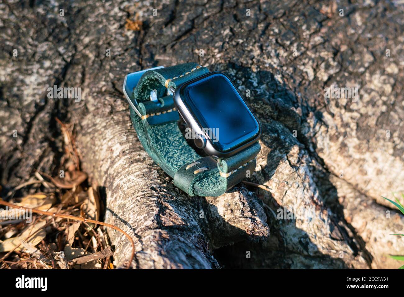 Olive green leather watch strap hand band object craftsmanship working ...