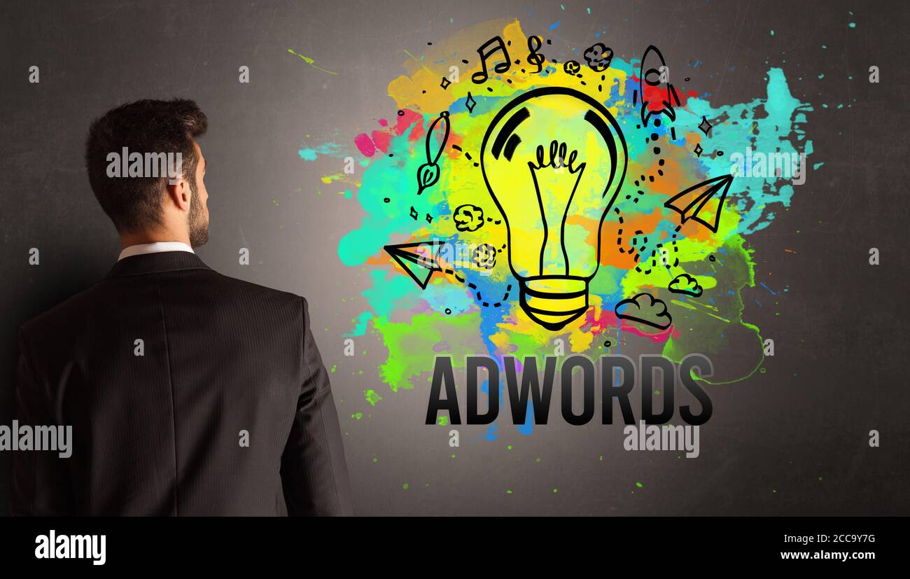businessman drawing colorful light bulb with ADWORDS inscription on ...