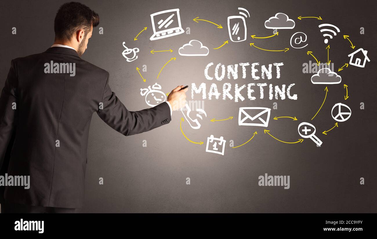 businessman drawing social media icons with CONTENT MARKETING ...
