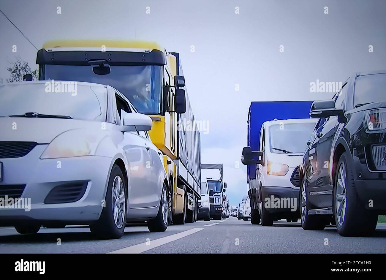 Belarusian border. Line of cars. Photo from the TV screen 08/19/2020 ...