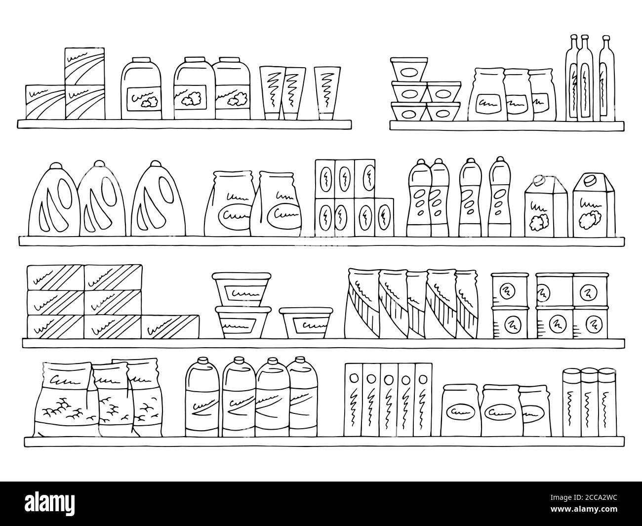 Shelves set graphic black white isolated sketch food grocery store ...