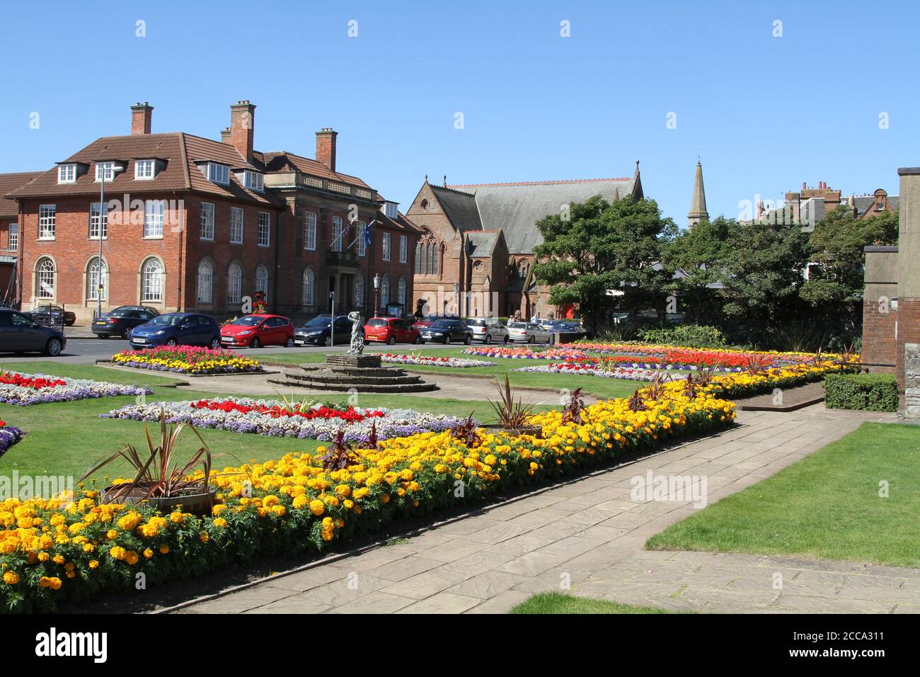 Troon, Ayrshire, Scotland, UK Well manicured council gardens in front ...