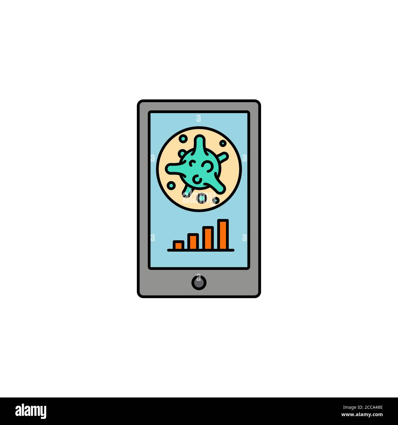 Virus, bacteria in smartphone and schedule, chart, graph color line ...