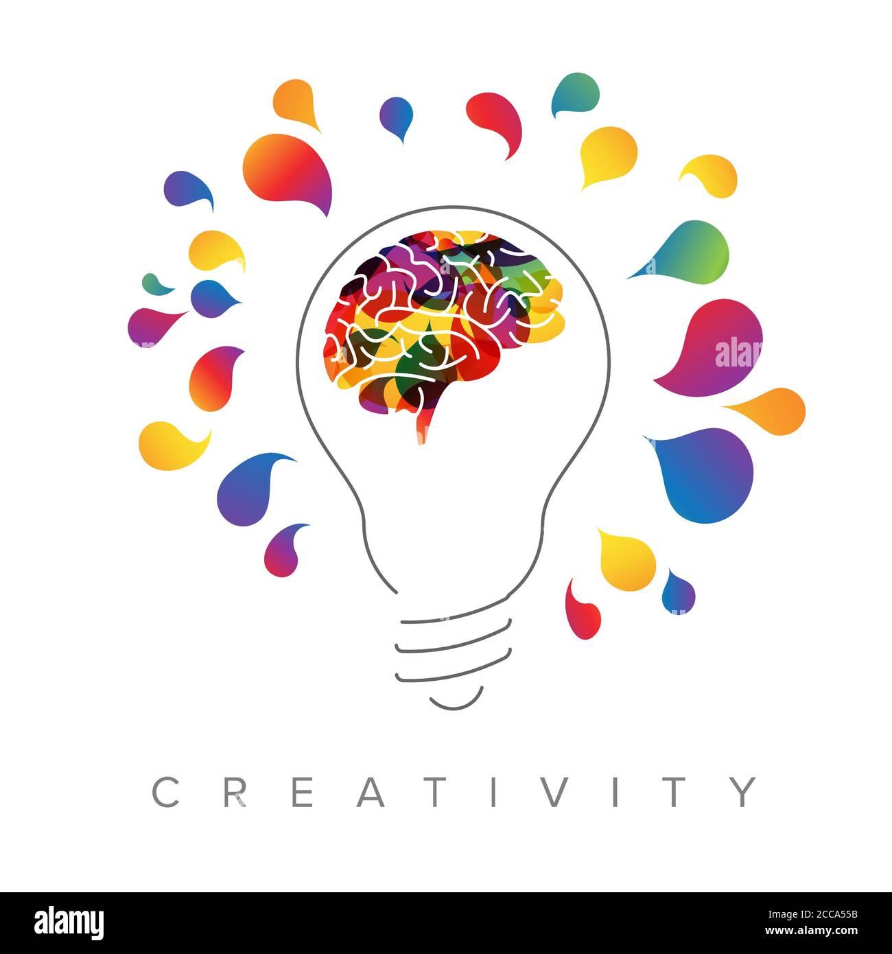 Thinking concept illustration with light bulb silhouette with colorful brain inside and light ...