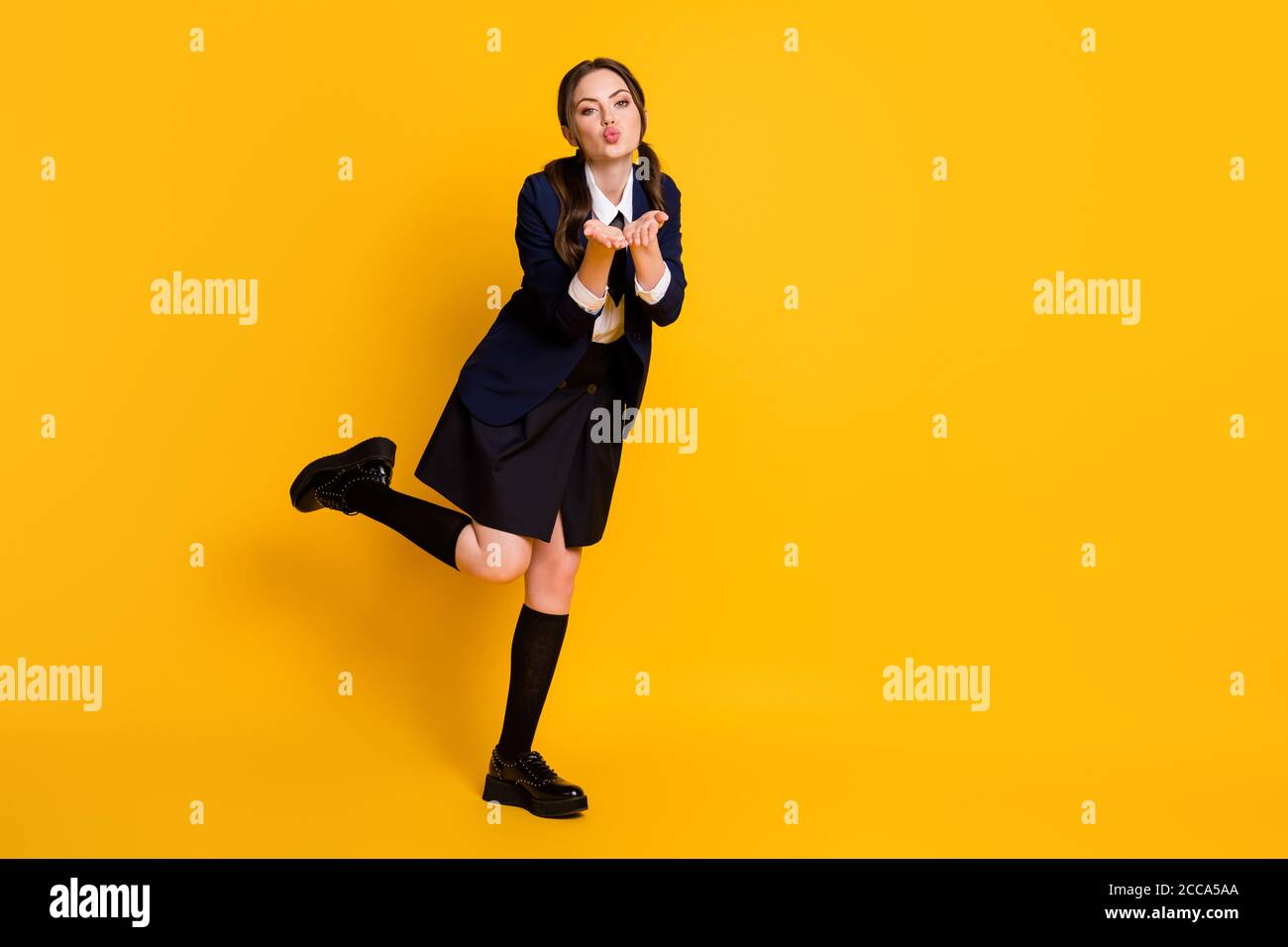 Full size photo of charming high school teenager send air kiss love ...