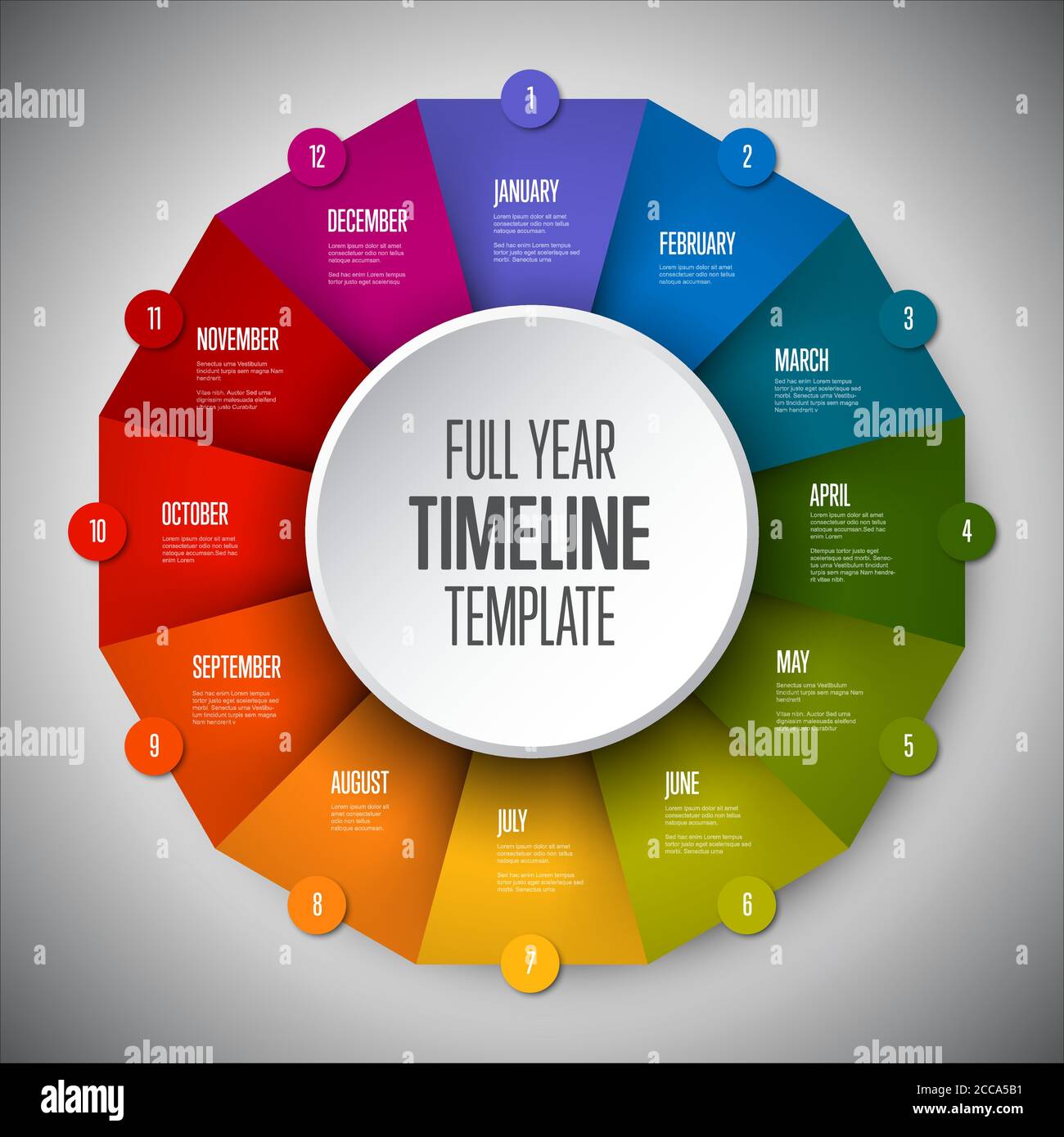 Full year timeline template with all months on circle folded rainbow ...
