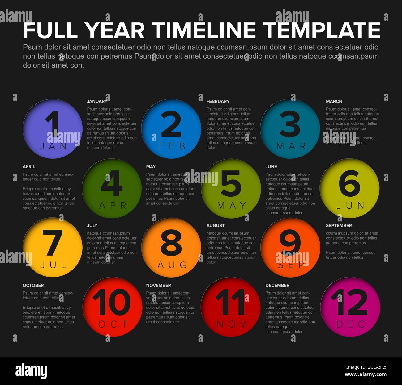 Full year timeline template with all months in circle mosaic - dark ...