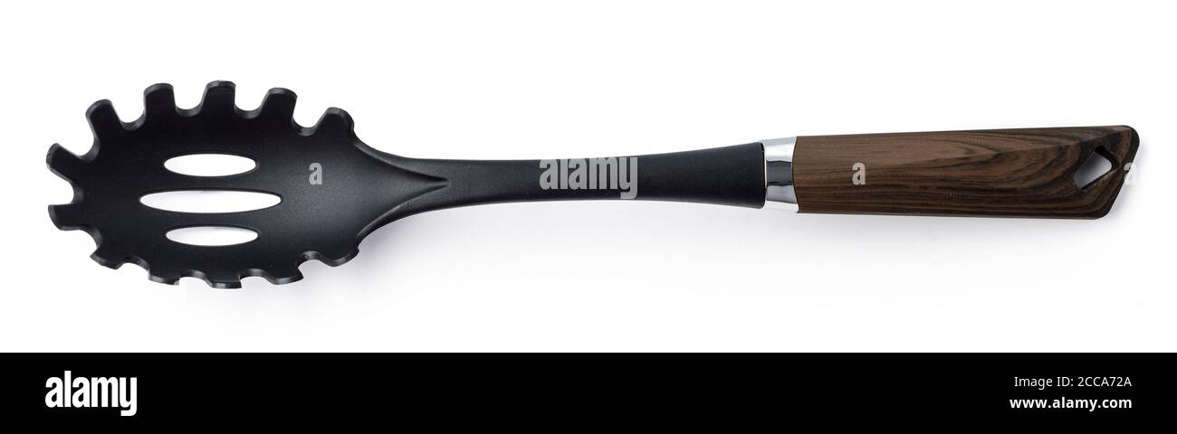 Black plastic spoon for draining on white background Stock Photo - Alamy