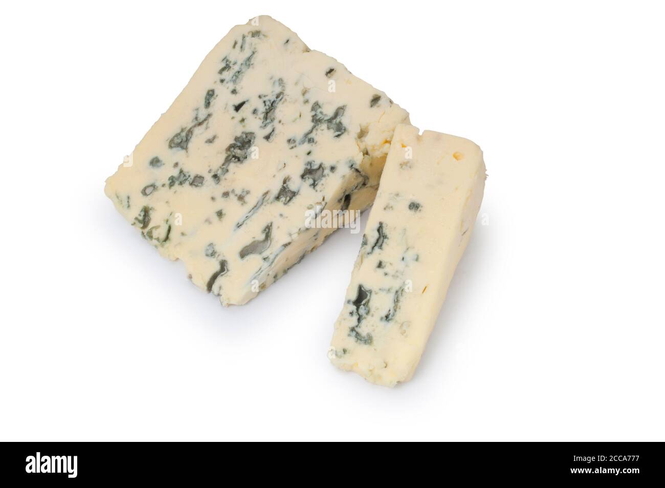 Studio shot of a slice of blue cheese cut out against a white ...