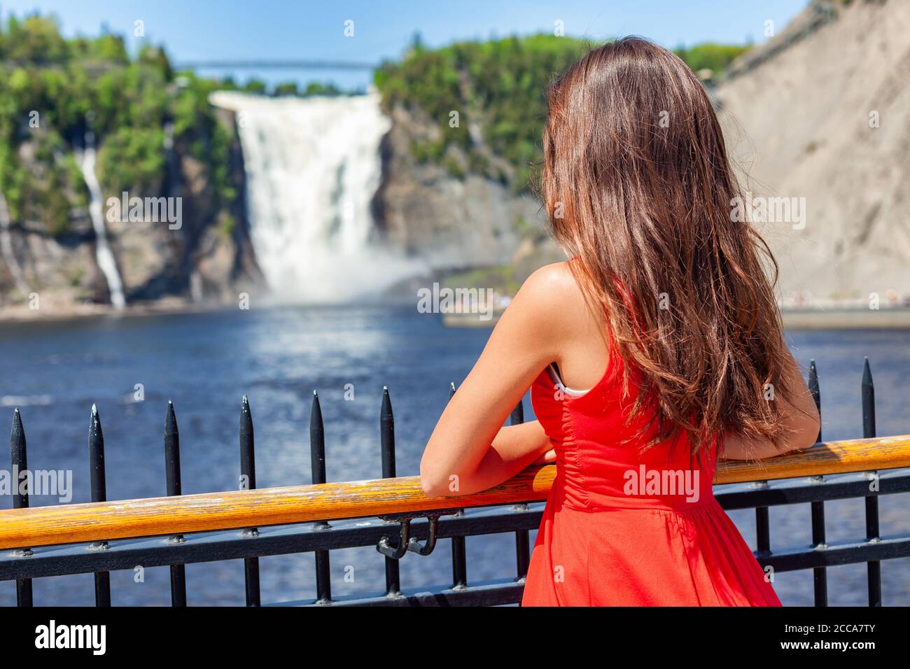 Quebec city sightseeing tourist woman at Chute montmorency falls quebec ...