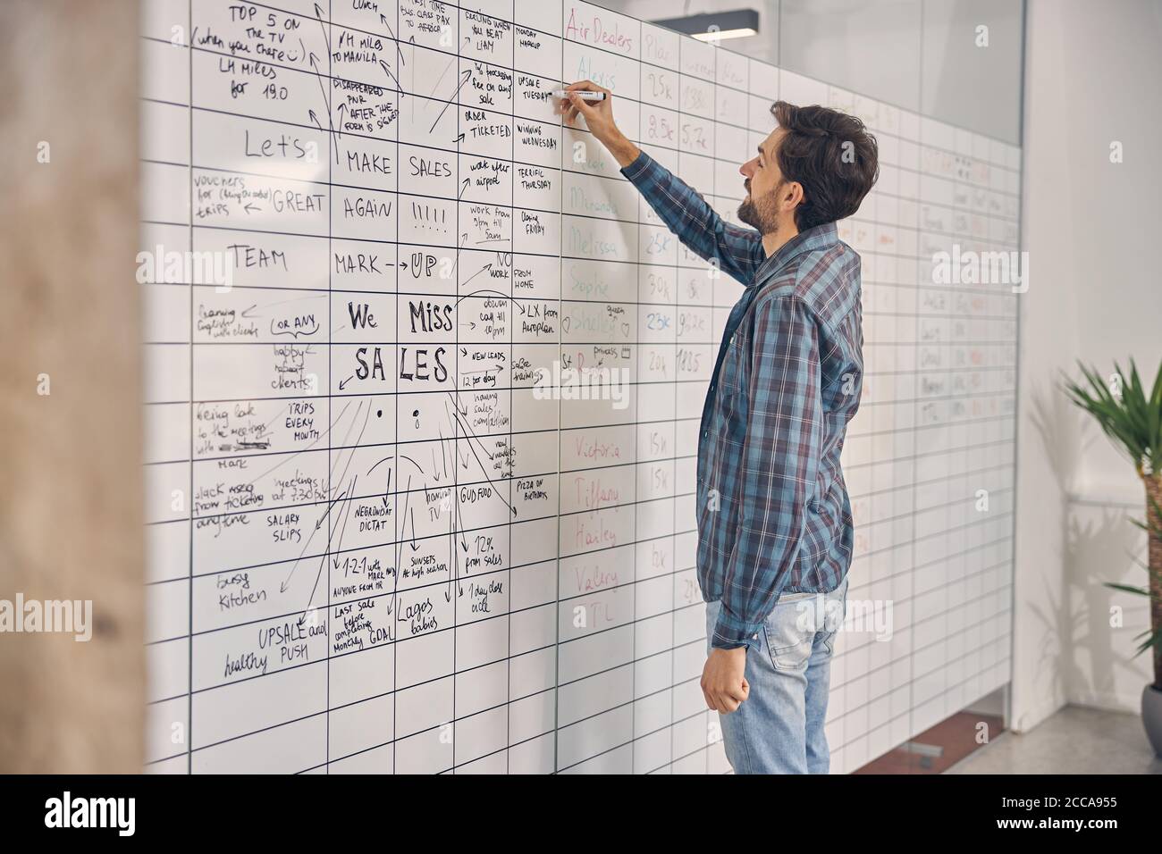 Male worker writing on whiteboard in office Stock Photo - Alamy