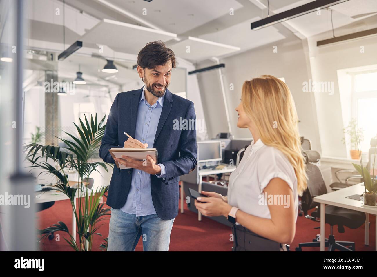 Cheerful business colleagues working together in office Stock Photo - Alamy
