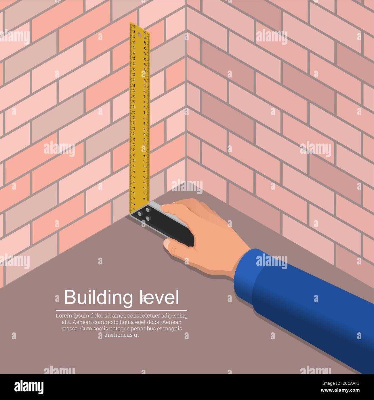 The hand of the worker holds a construction ruler. The measuring tool ...