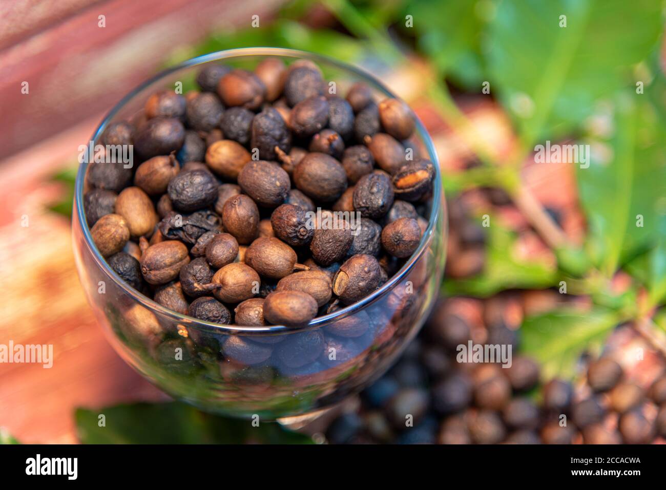 Coffee beans (Coffea sp). Coffee leaves. Wood background. Coffee beans ...