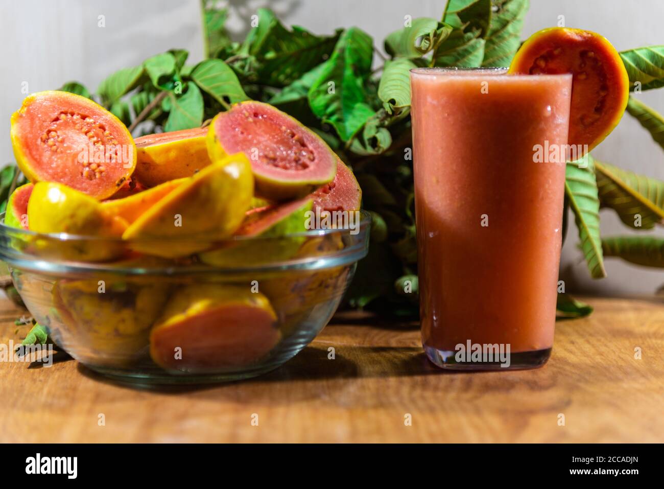 Guava juice and fruits (Psidium guajava). Guava is the fruit of guava ...