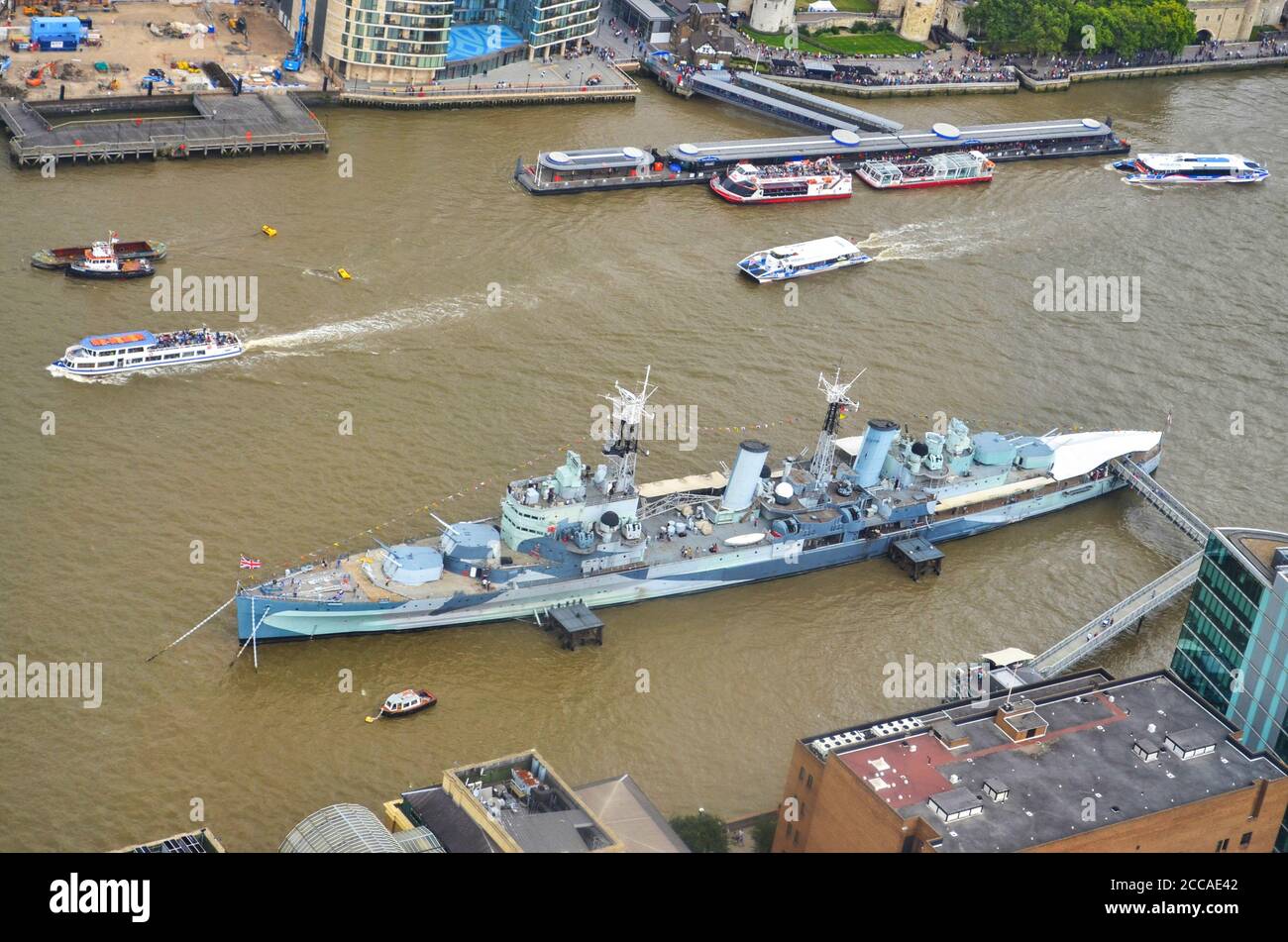 London, United Kingdom - August 1, 2015: River Thames with the warship ...