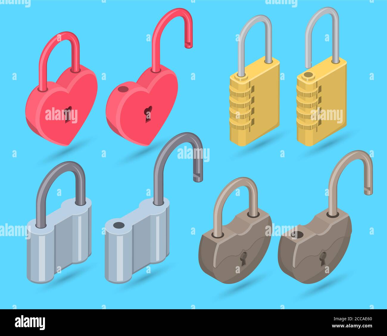 A set of the closed and open locks on the isolated background. 3D ...