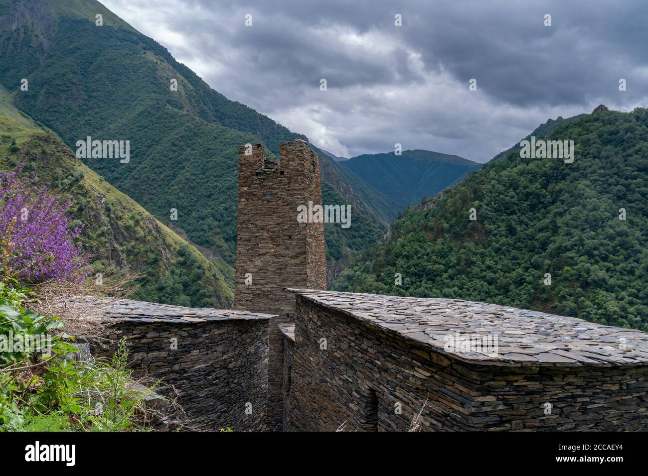Ruined medieval village and fortress Mutso. Khevsureti, Georgia Stock ...