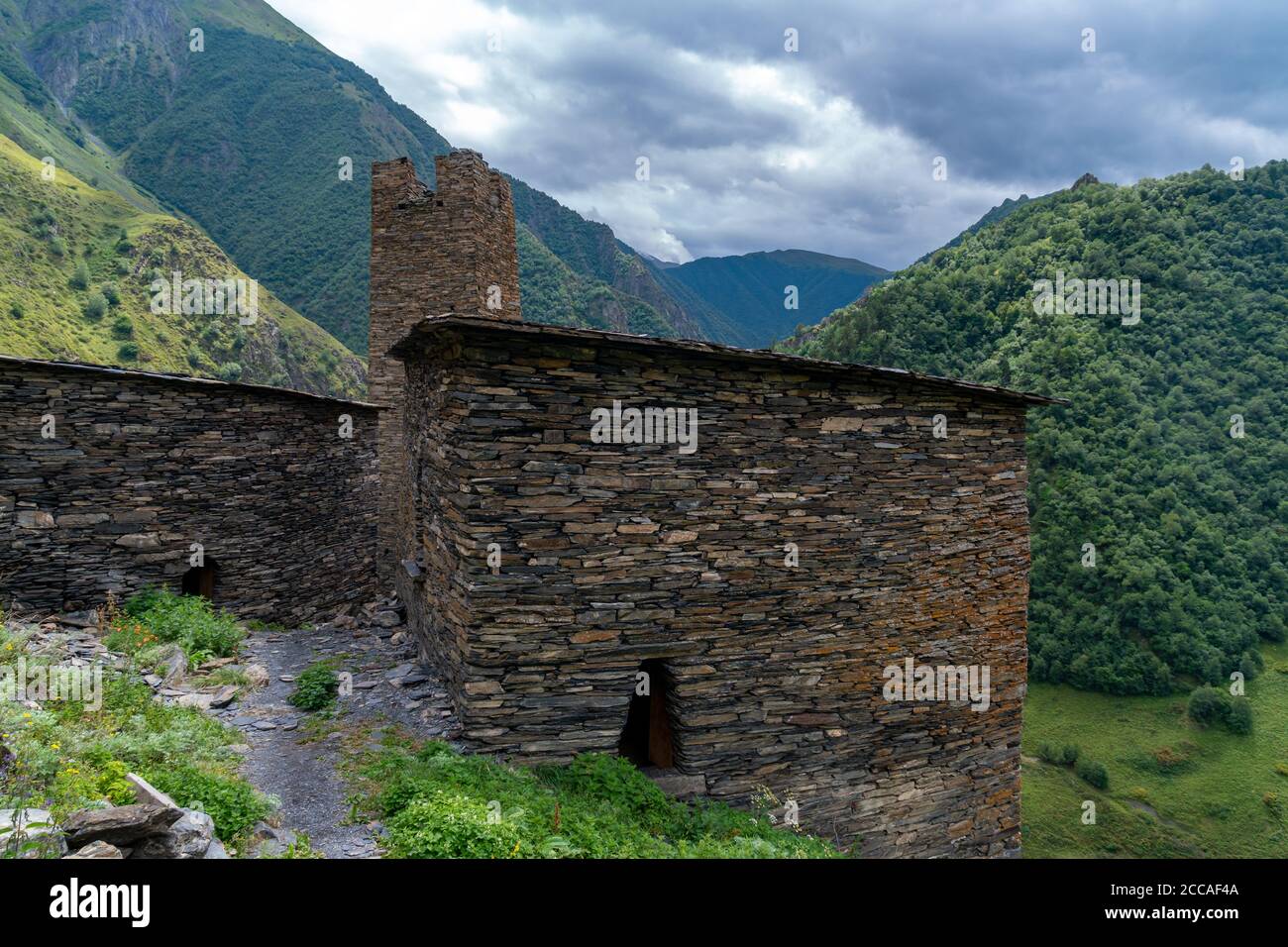 Ruined medieval village and fortress Mutso. Khevsureti, Georgia Stock ...