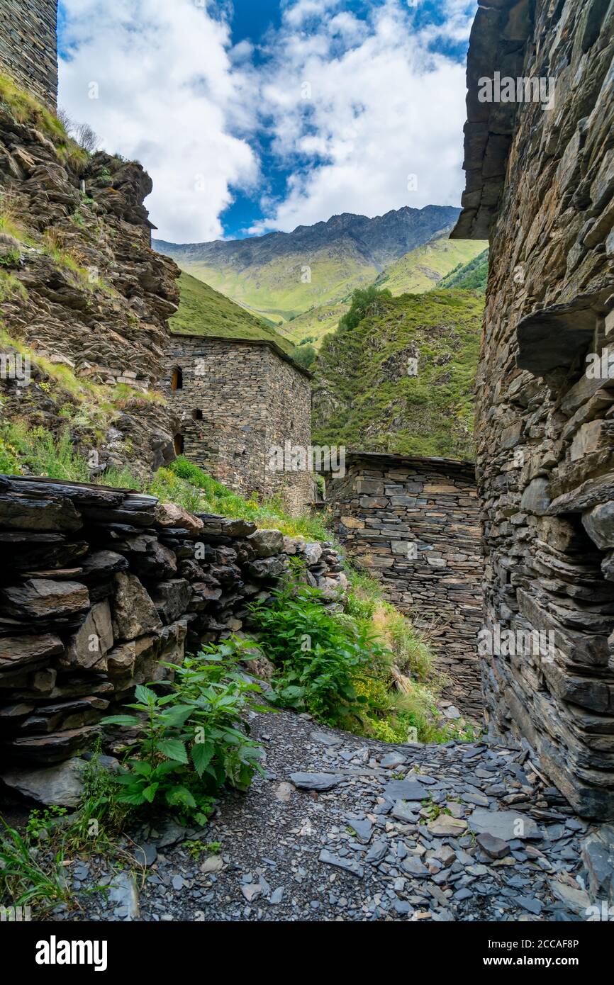 Ruined medieval village and fortress Mutso. Khevsureti, Georgia Stock ...
